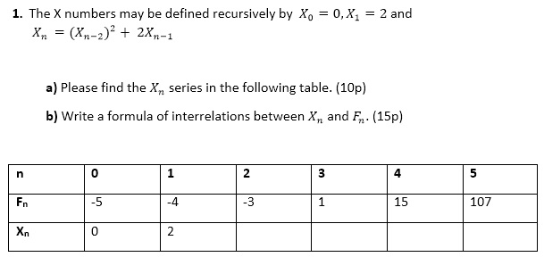 SOLVED: The Xnumbers may be defined recursively by Xo 0,X; = 2 and (X,-2)? + 2Xn-1 a) Please ...