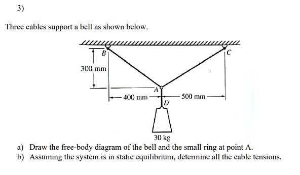 SOLVED: 3) Three cables support a bell as shown below B 300 mm 400 ...