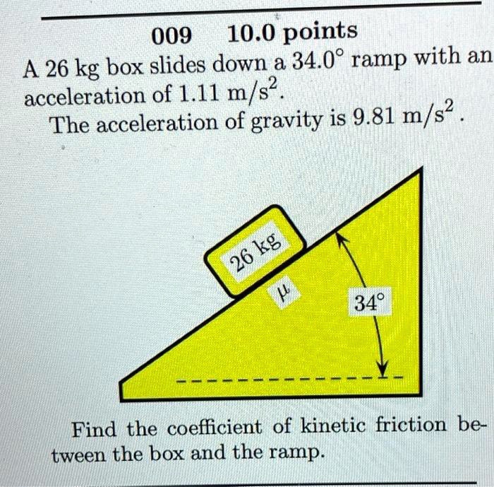 SOLVED: 009 10.0 points A 26 kg box slides down a 34.08 ramp with an ...