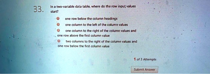 Solved 33 In A Two Variable Data Table Where Do The Row Input Values Start One Row Below The