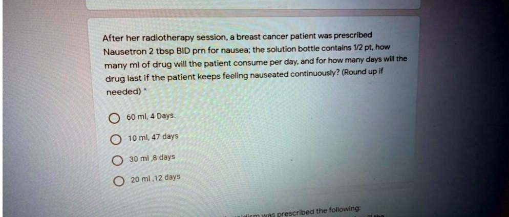 After her radiotherapy session, a breast cancer patient was prescribed ...
