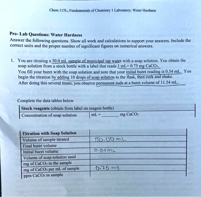 Chem 115L; Fundamentals of Chemistry 1 Laboratory: Water Hardness Pre ...