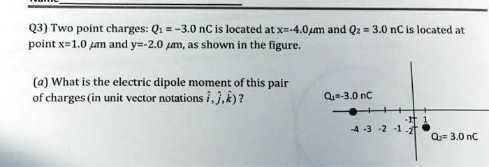 Q3) Two point charges: Q1 = -3.0 nC is located at x=-4.0µm and Q2 = 3.0 nC is located at point x ...