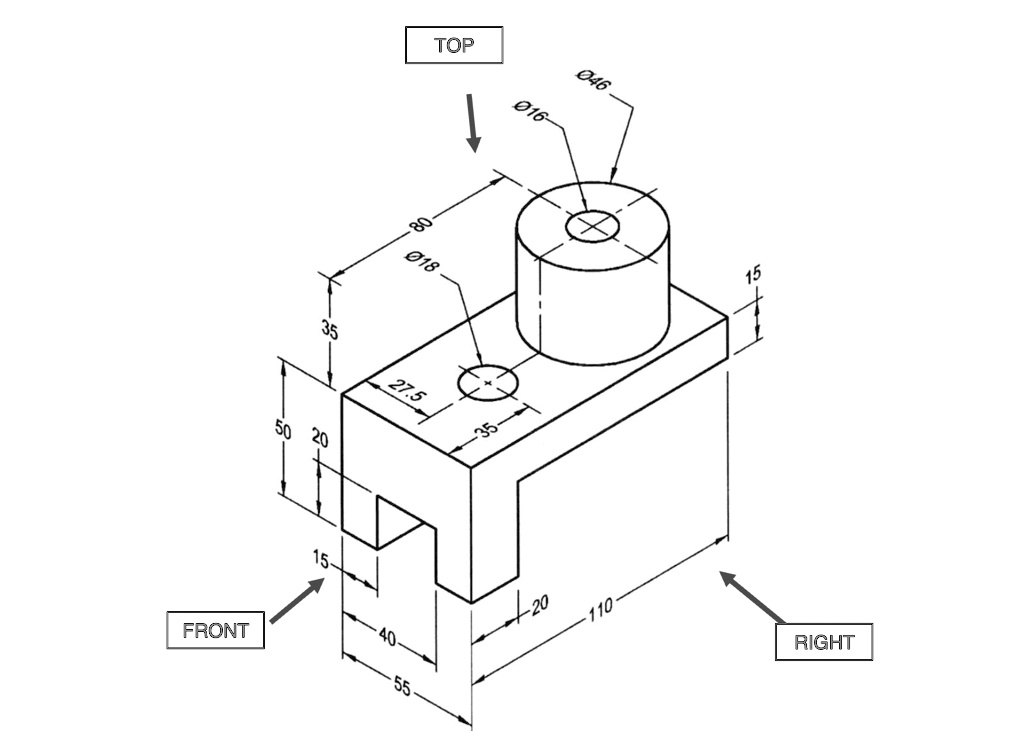 Draw the front, top and right side views, isometric pictorial and ...