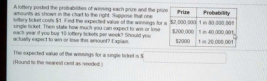 SOLVED:lottery posted the probabilities of winning each prize and the ...