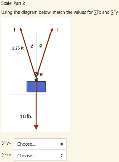 Scale: Part 2 Using the diagram below, match the values for ∑ Fx and ∑ Fy T 1.25 ft ϕϕ 10 lb. ∑ ...