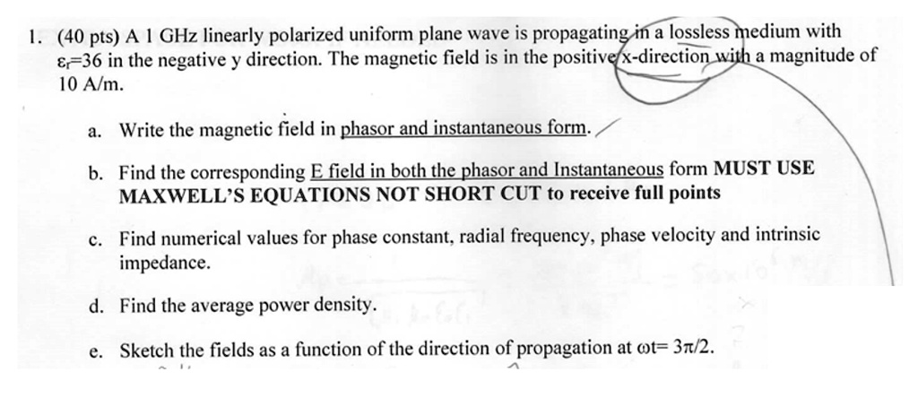 SOLVED: 1.(40 pts) A 1 GHz linearly polarized uniform plane wave is ...