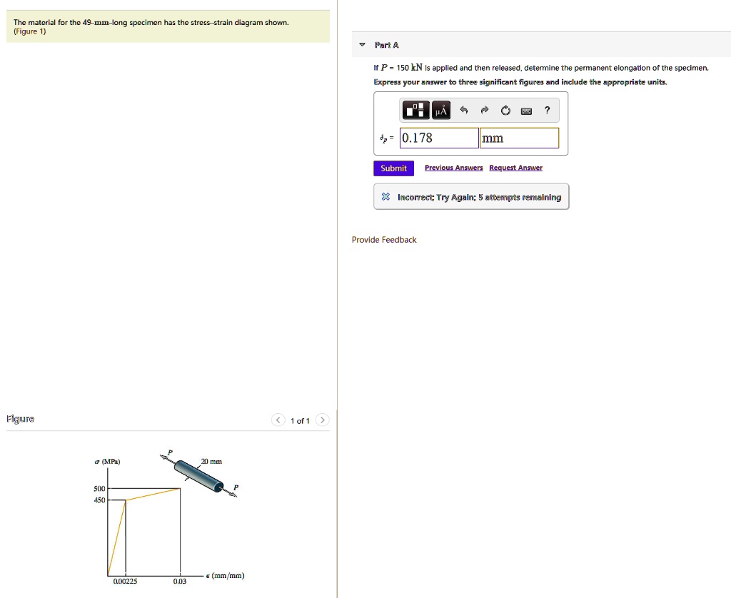 SOLVED: The material for the 49mm-long specimen has the stress-strain ...