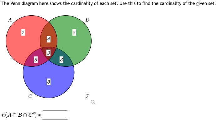 SOLVED: The Venn diagram here shows the cardinality of each set. Use this to find the ...