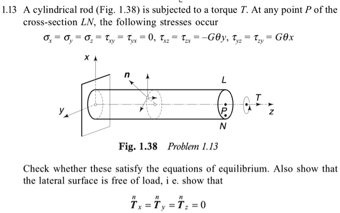 1.13 A cylindrical rod (Fig. 1.38) is subjected to a torque T. At any ...