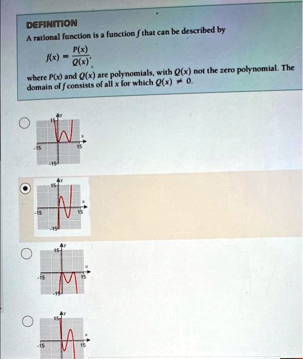 DEFINITION A rational function is a function f that can be described by f(x) = (P(x))/(Q(x ...