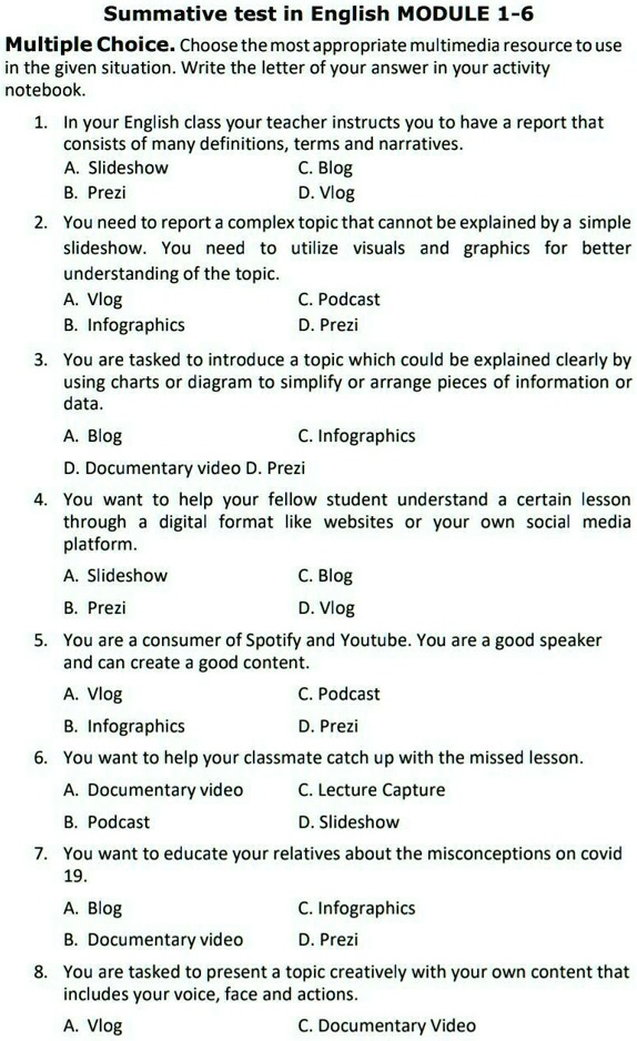 SOLVED: b.blog d.educational website Summative test in English MODULE 1 ...