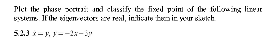 SOLVED: Plot the phase portrait and classify the fixed point of the following linear system. If ...