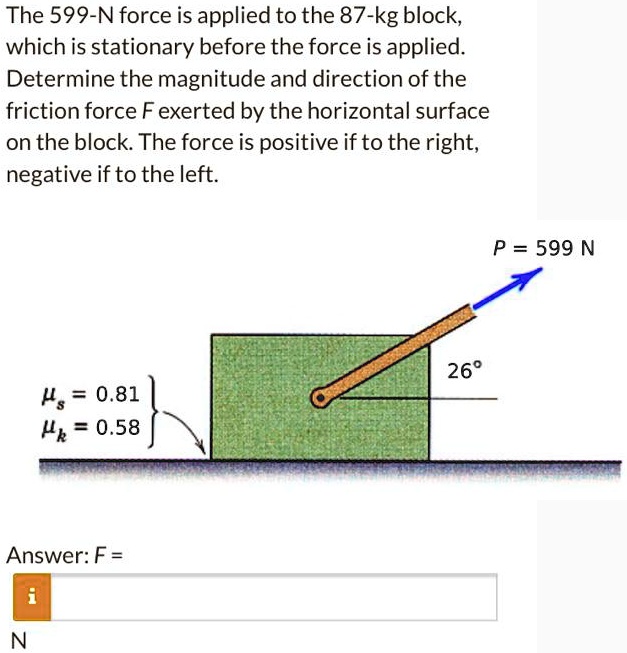 The 599-N force is applied to the 87-kg block, which is stationary ...