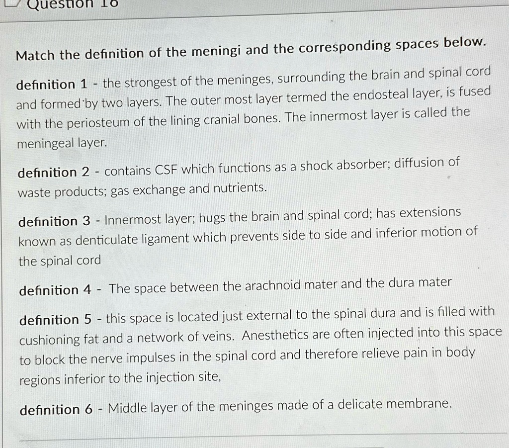 Match the definition of the meninges and the corresponding spaces below ...