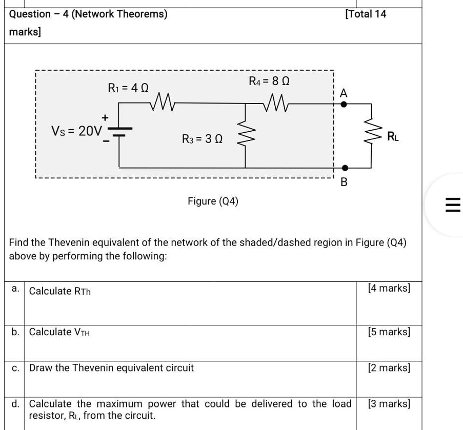 Question 4 (Network Theorems) marks] +Vs = 20V R1 = 4 ? R3 = 3 ? [Total 14 R4 = 8 ? A B RL ...