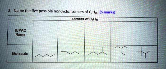 SOLVED: Name the five possible noncyclic isomers of CH3e. IUPAC Name ...
