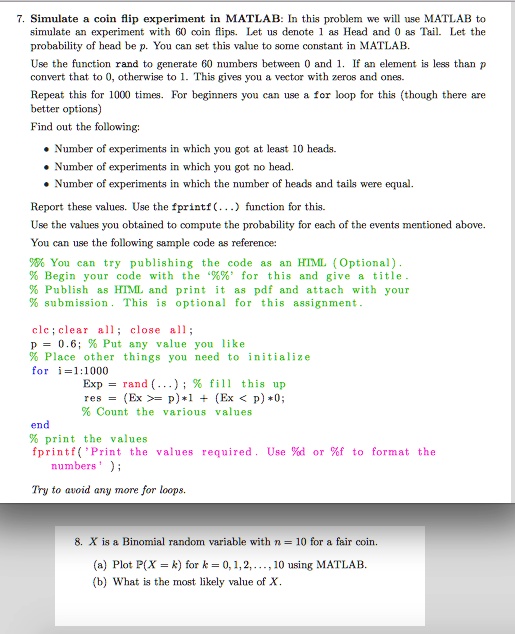 Solved Simulate Coin Fip Experiment In Matlab In This Problem Will Use Matlab Simulate