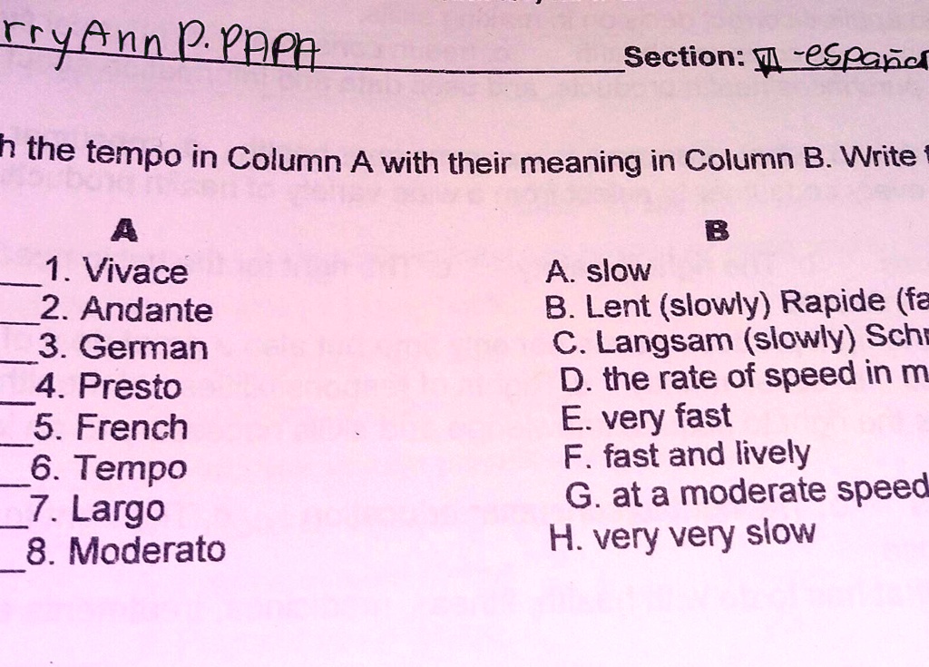 SOLVED: MUSIC: Direction: Match the tempo in Column A with their ...