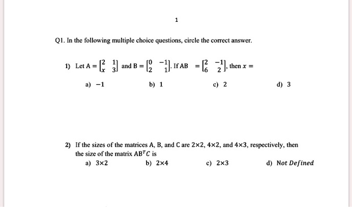q1 in the following multiple choice questions circle the correct answer leta 31 and b 2hiab b 21 ...