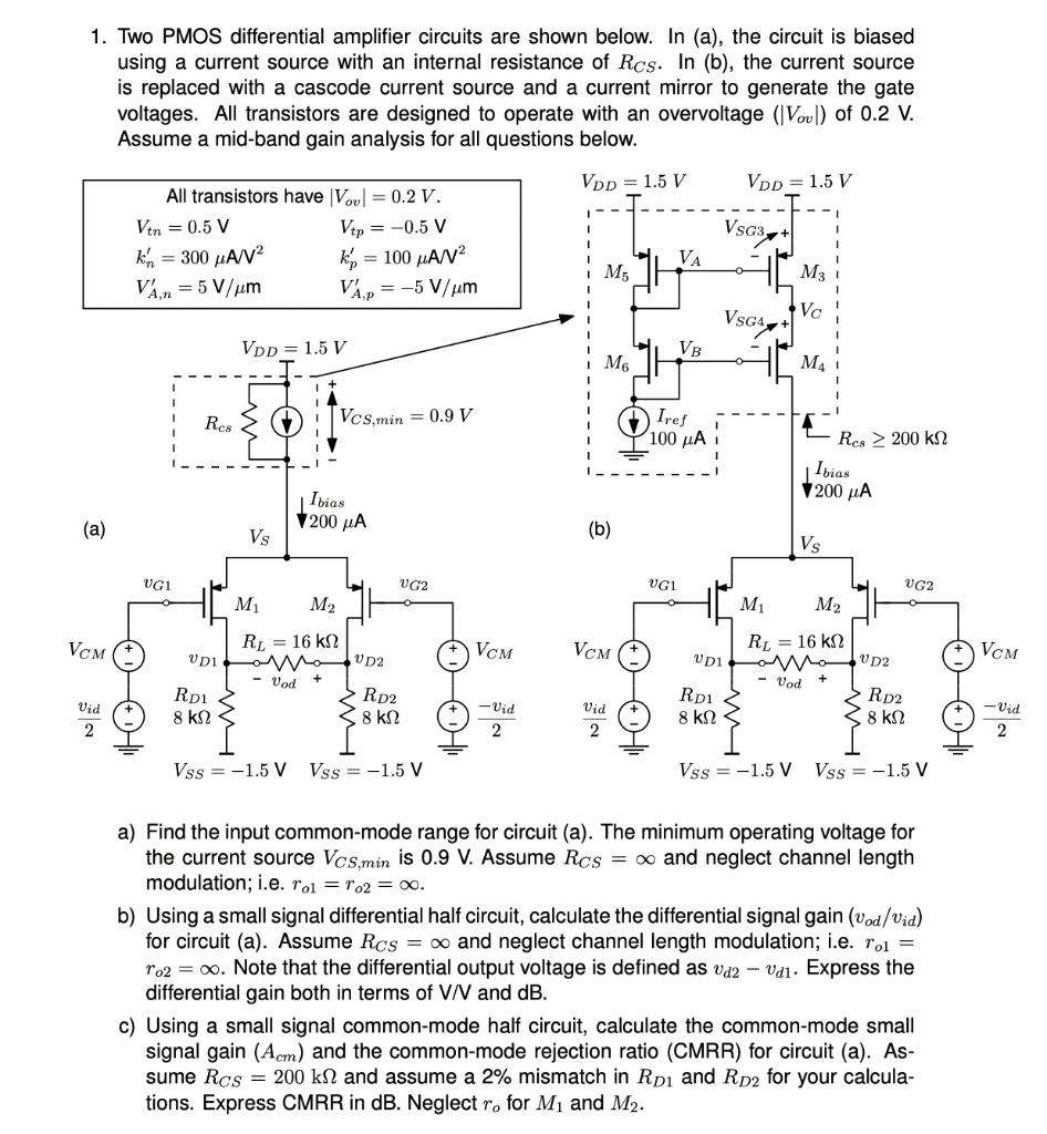 1 two pmos differential amplifier circuits are shown below in a the circuit is biased using a ...