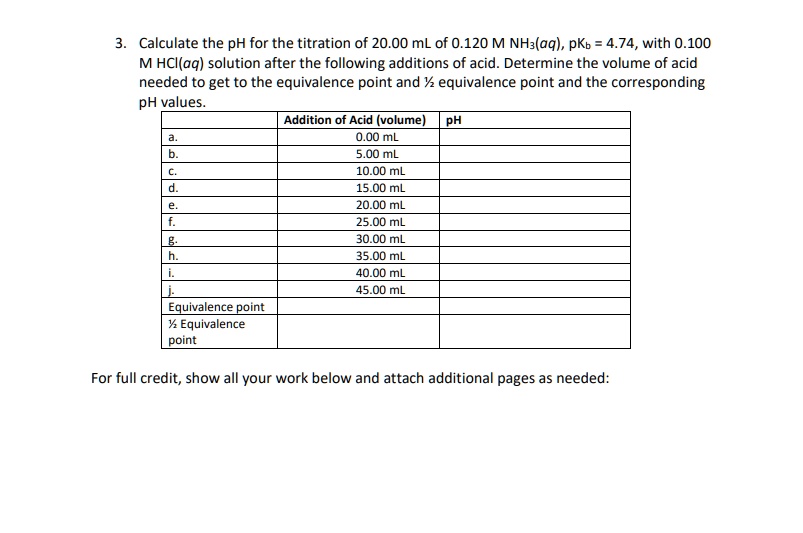 SOLVED: Calculate the pH for the titration of 20.00 mL of 0.120 M NHz(aq), pKb 4.74 with 0.100 ...