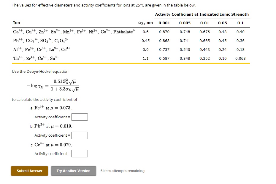 SOLVED: The values for effective diameters and activity coefficients ...
