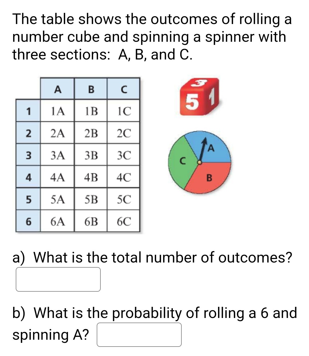 The table shows the outcomes of rolling a number cube and spinning a ...