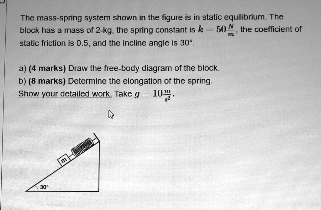 SOLVED: a) and b) The mass-spring system shown in the figure is in static equilibrium: The block ...
