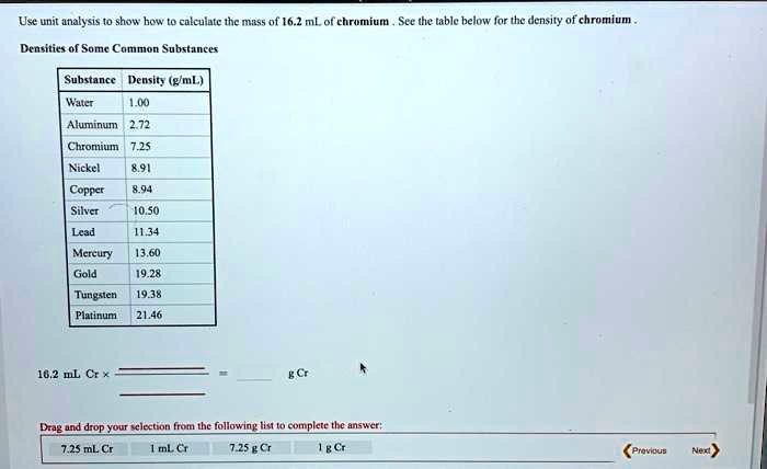 SOLVED: Use unit analysis to show how to calculate the mass of 6.2 mL ...