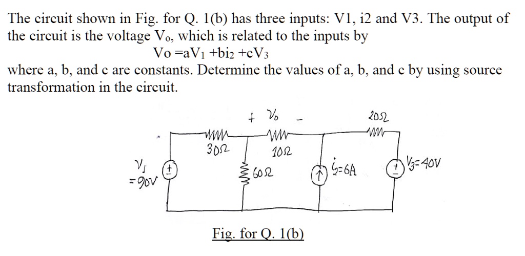 SOLVED: The circuit shown in Fig. for Q. 1(b) has three inputs: V1, V2, and V3. The output of ...