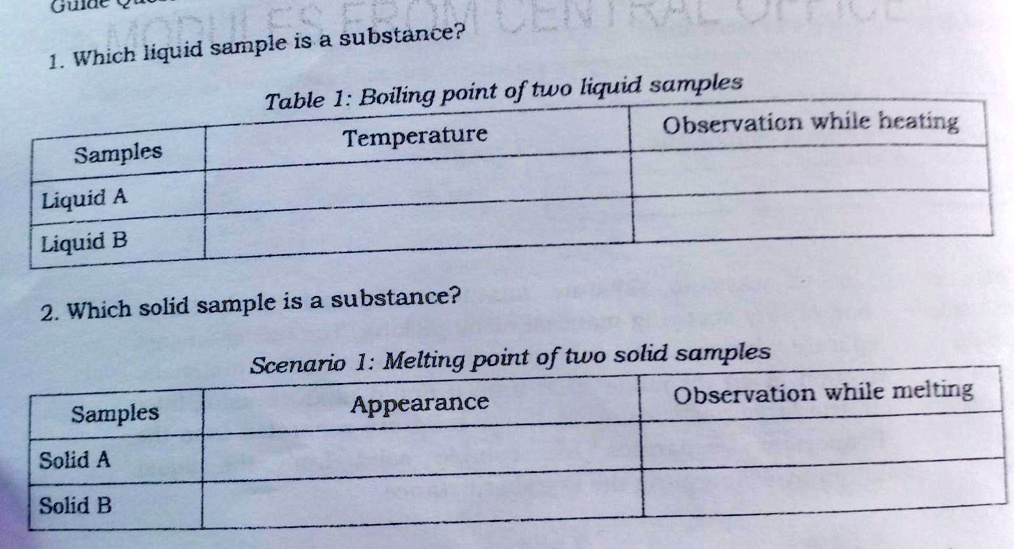 1. Which liquid sample is a substance? Table 1: Boiling point of two liquid samples Samples ...