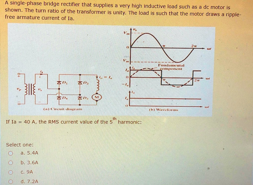 A single-phase bridge rectifier that supplies a very high inductive load such as a dc motor is ...