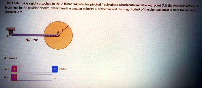 The 17-lb disk is rigidly attached to the 7-lb bar OA, which is pivoted freely about a ...
