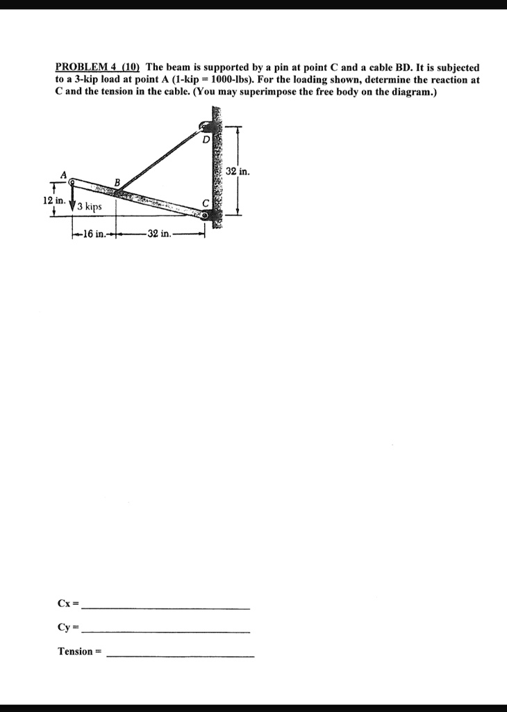 SOLVED: PROBLEM 4 (10) The beam is supported by a pin at point C and a ... SOLVED: PROBLEM 4 (10) The beam is supported by a pin at point C and a ...