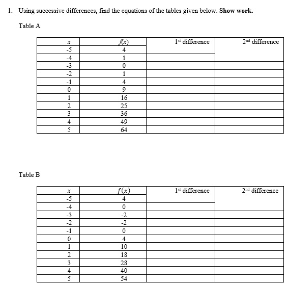 SOLVED: Using successive differences find the equation: ofthe tables ...