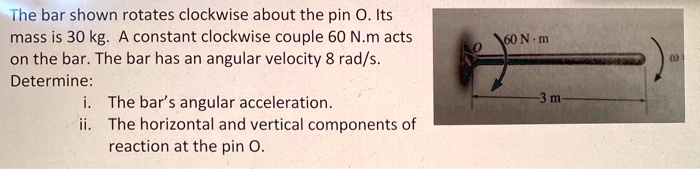 The bar shown rotates clockwise about the pin O. Its mass is 30 kg. A ...