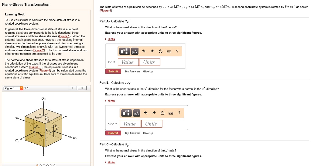 SOLVED: The state of stress at a point can be described by Ïƒx = 38 MPa ...