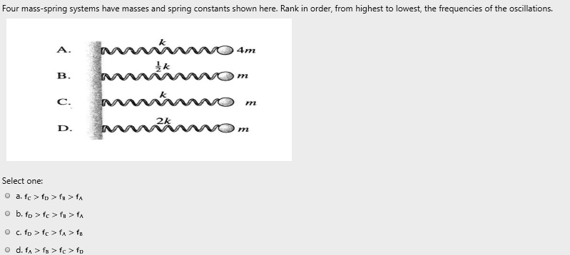SOLVED: Four mass-spring systems have mass (m) and spring constants (k ...