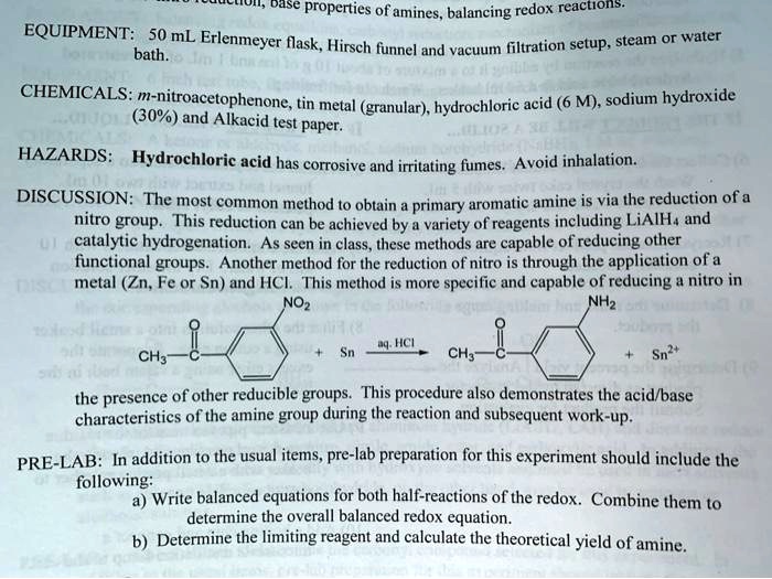 base properties of amines, balancing redox reactions. EQUIPMENT: 50 mL ...