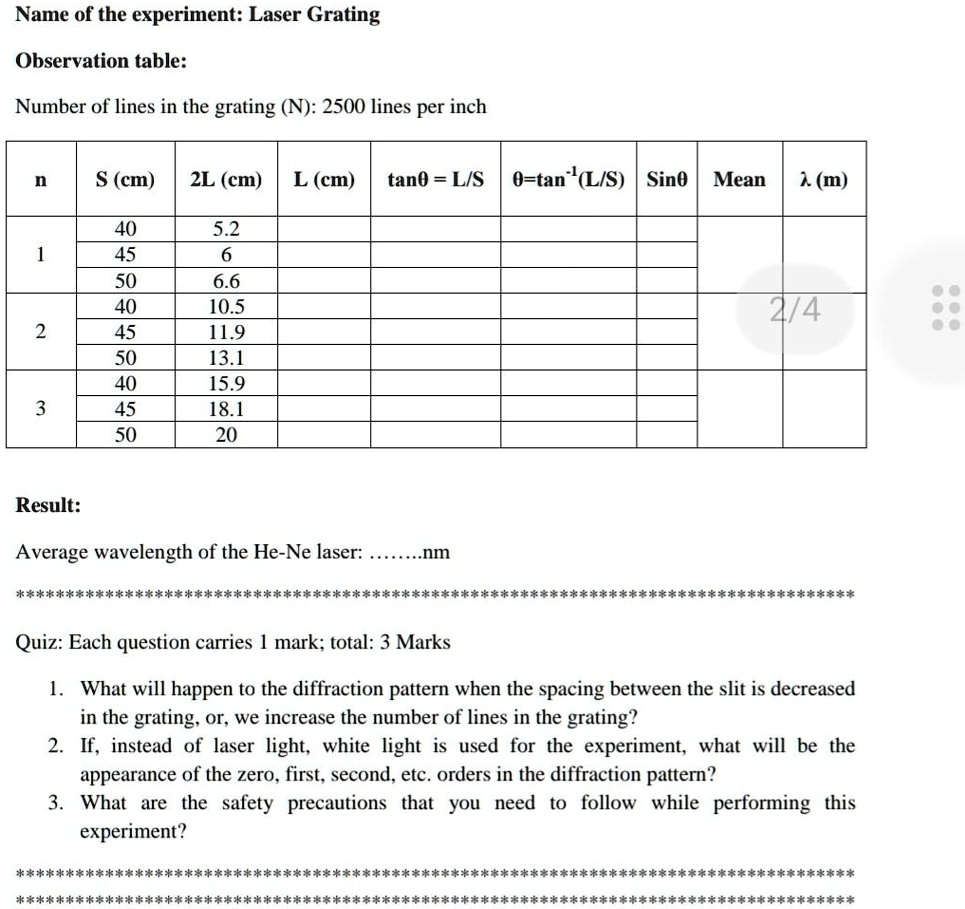 Diffraction Grating Experiment Observation Table At Frances Festa Blog
