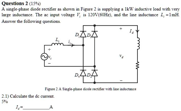 Questions 2 (15%) A single-phase diode rectifier as shown in Figure 2 is supplying a 1kW ...