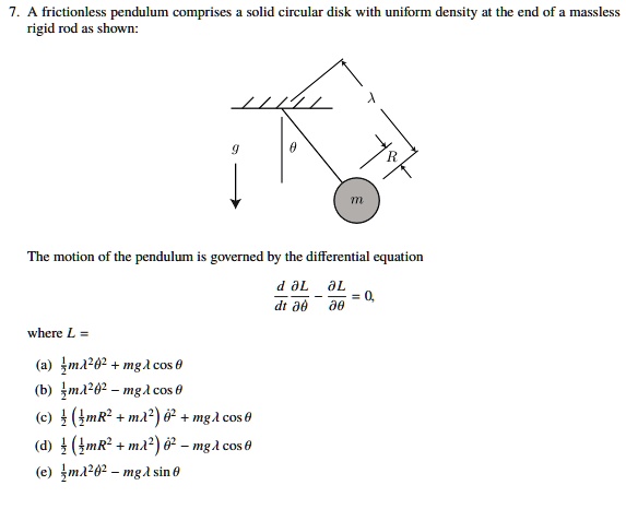 frictionless pendulum comprises solid circular disk with uniform density the end of massless ...