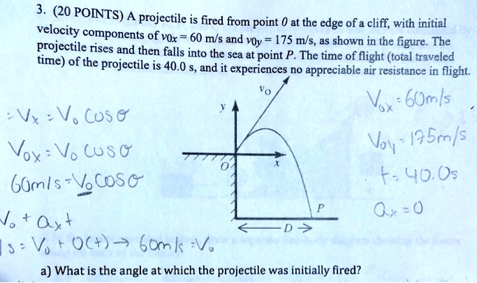 SOLVED: (20 POINTS) A projectile is fired from point 0 at the edge of a cliff, with initial ...