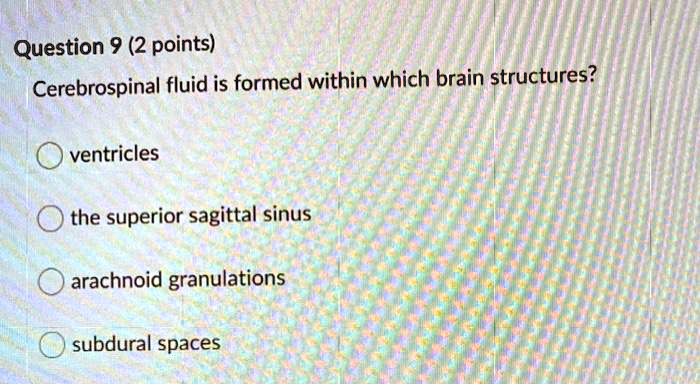 SOLVED: Question 9(2 points) Cerebrospinal fluid is formed within which brain structures ...