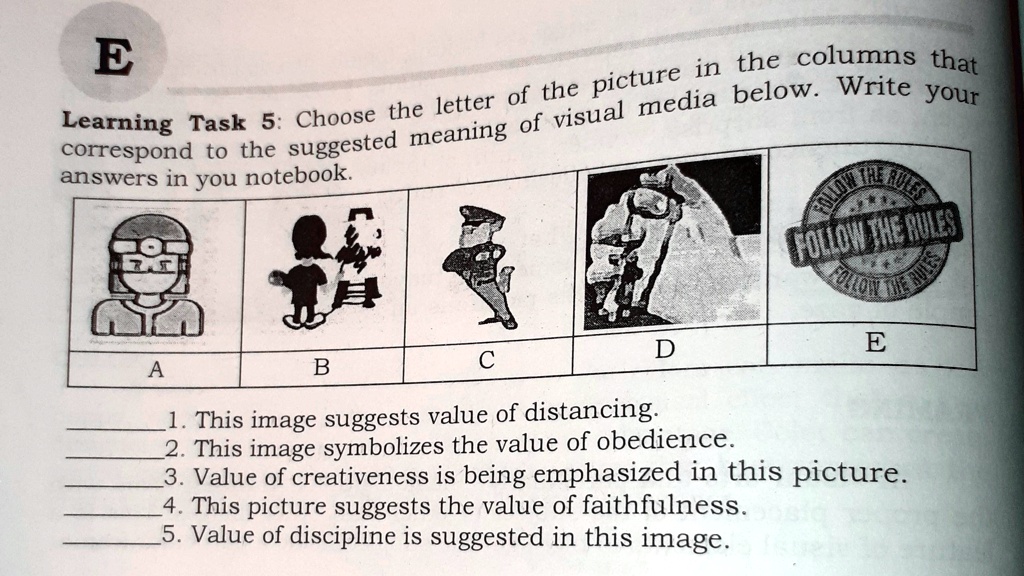 learning task 5 choose the letter of the picture in the columns that correspond to the suggested ...
