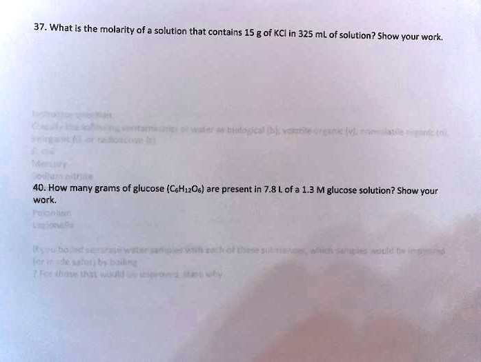 37 what is the molarity of a solution that contains 15 g of kci in 325 ml of solution show your ...
