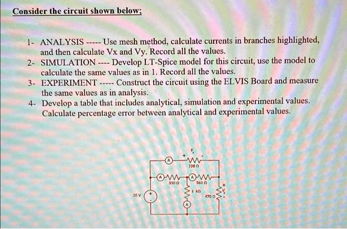 Consider the circuit shown below; 1- ANALYSIS —– Use mesh method, calculate currents in branches ...