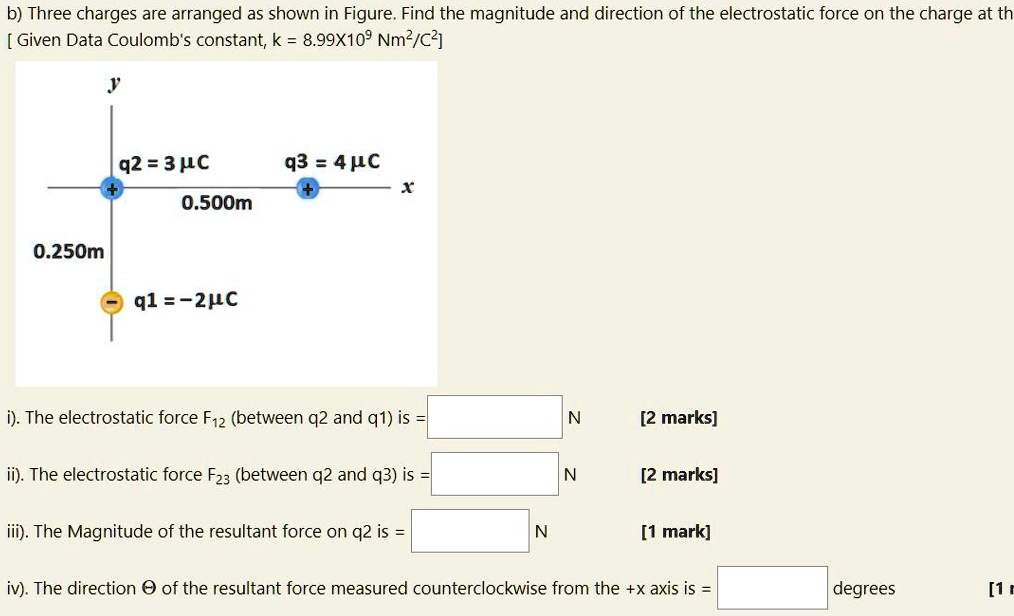 b) Three charges are arranged as shown in Figure. Find the magnitude and direction of the ...