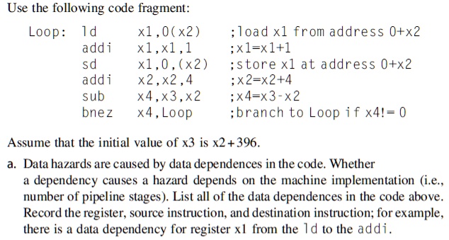SOLVED: Use the following code fragment: Loop: ld x1, 0(x2) addi x1, x1, 1 sd x1, 0(x2) addi x2 ...